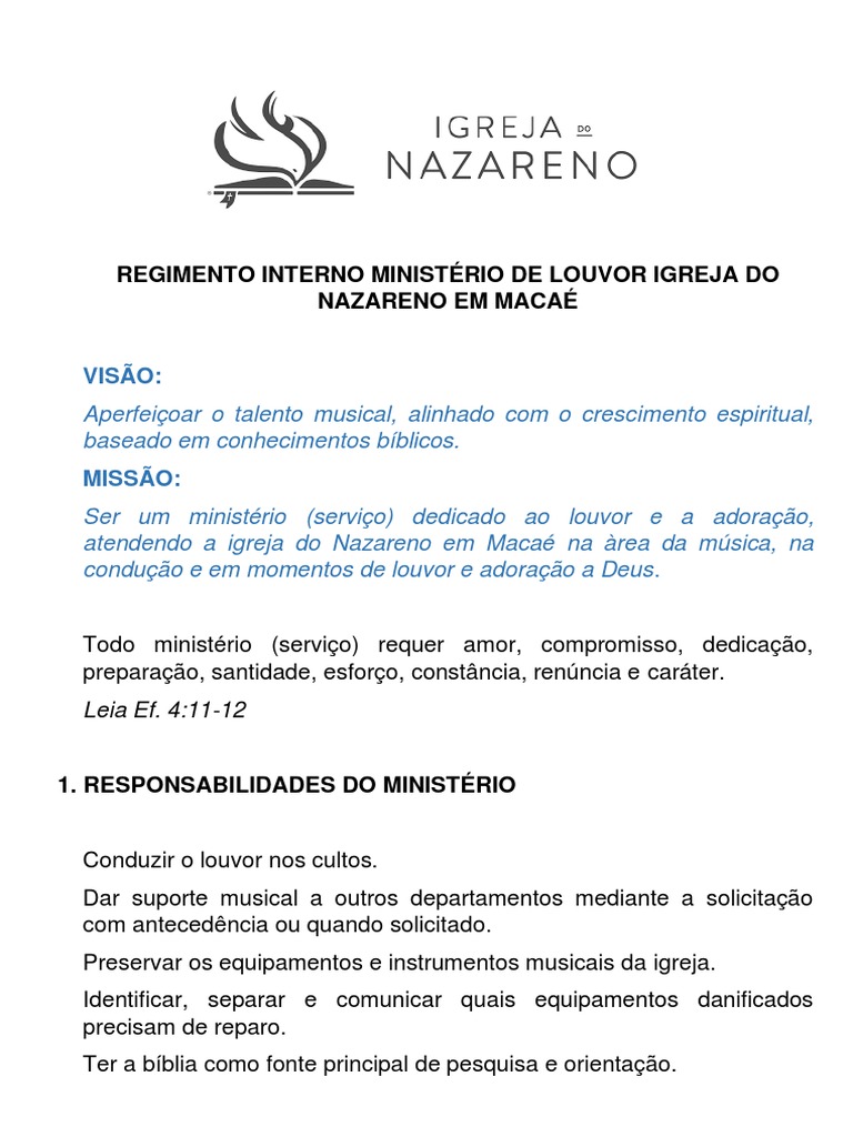 REGIMENTO INTERNO MINISTÉRIO DE LOUVOR IGREJA DO NAZARENO EM MACAÉ - REV - 0 - Docx PDF | PDF