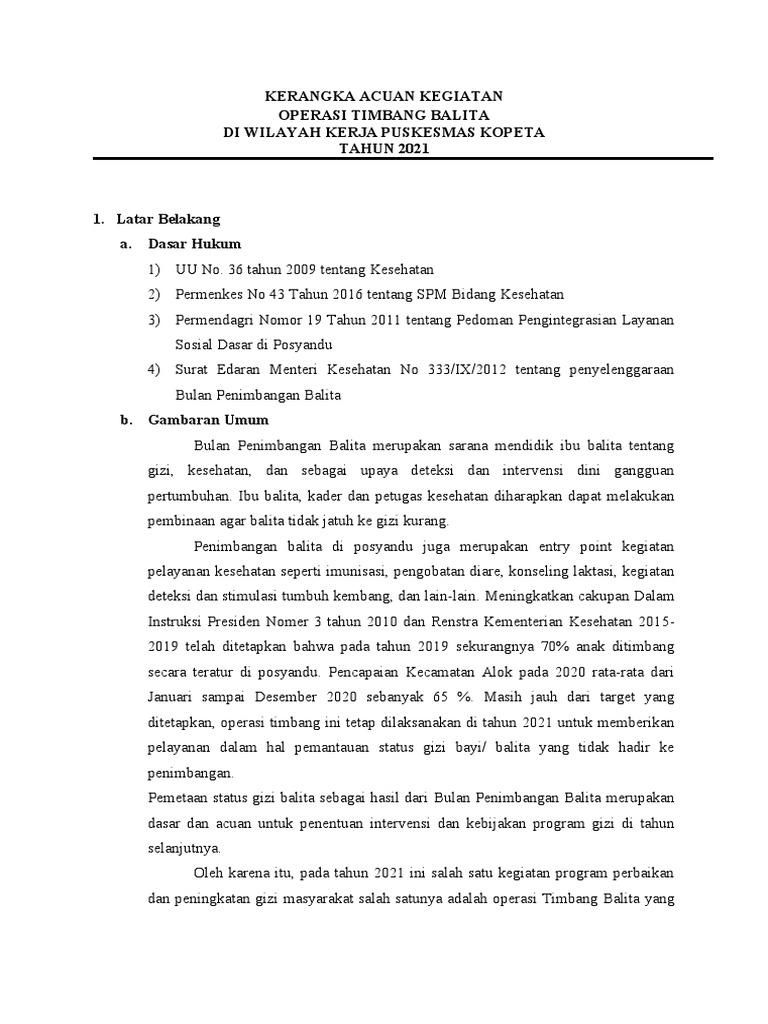 Operasi Timbang Balita Puskesmas Kopeta 2021 | PDF