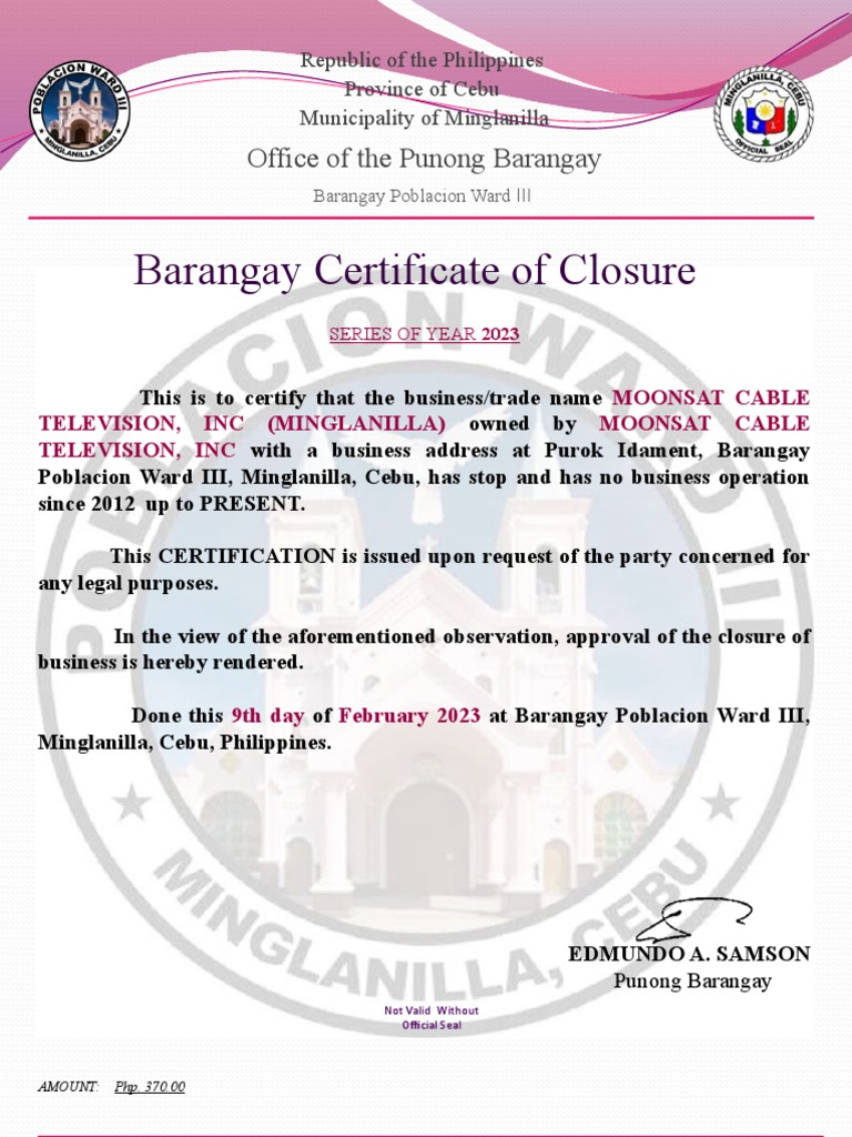 Barangay Certificate of Business Closure | PDF
