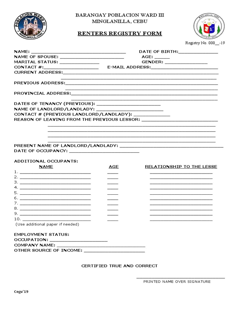 Renters Registry Form - 2022 | PDF