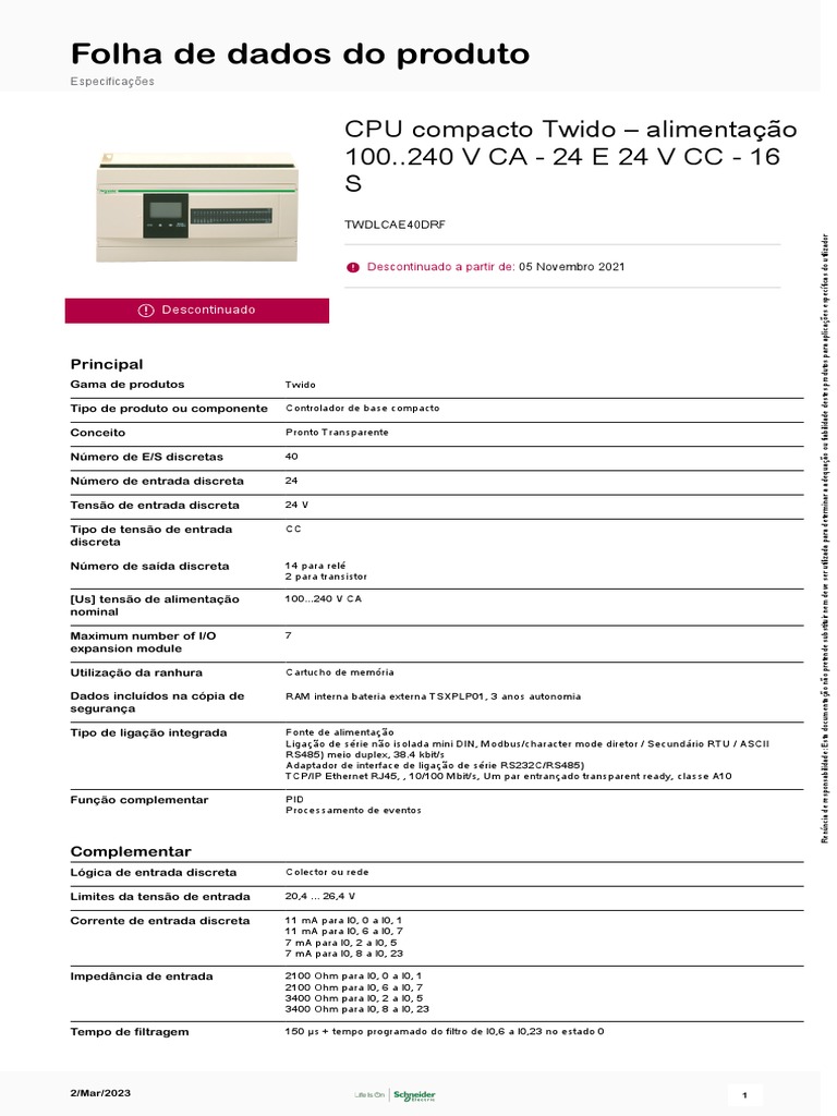 Twido TWDLCAE40DRF | PDF | Entrada/Saída | Fonte de energia
