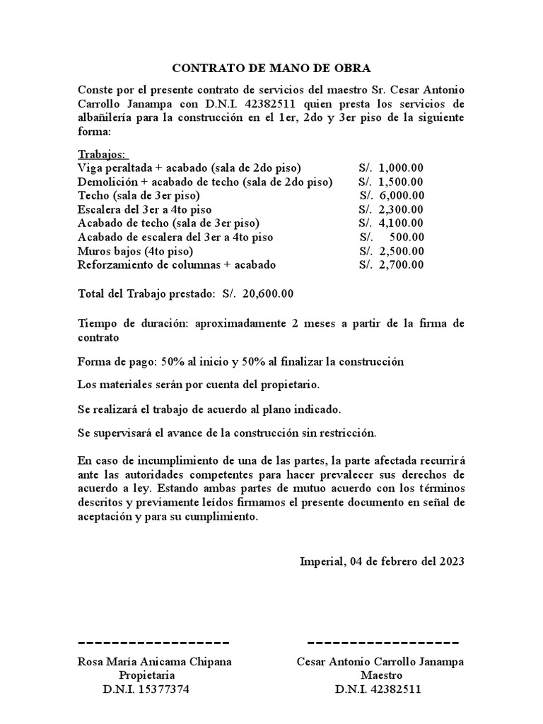 Contrato de Mano de Obra | PDF