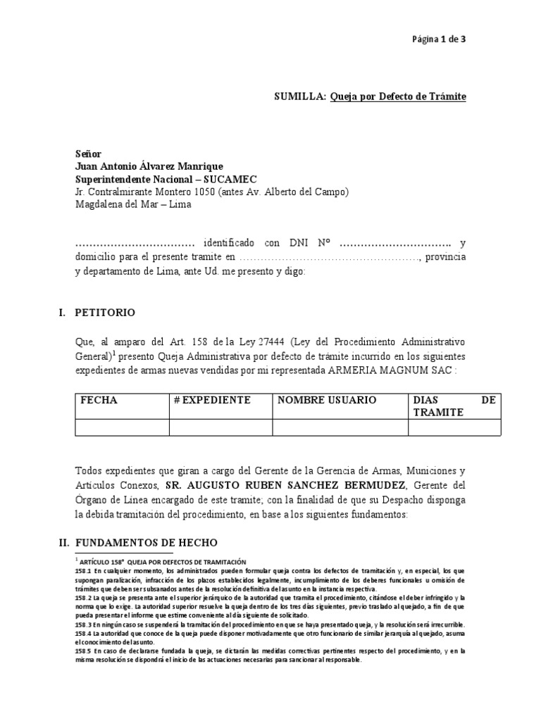 MODELO Queja X Defecto de Tramite | PDF | Gobierno | Justicia