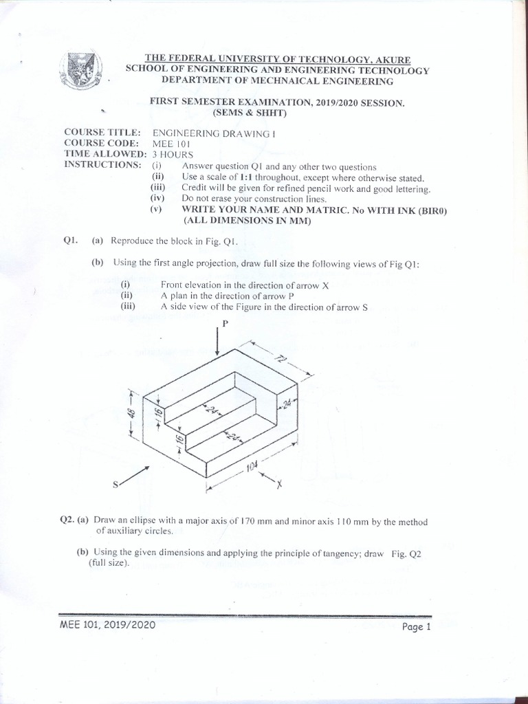 Mee 101 (2019 - 2020) Engeering Drawing 10001 | PDF