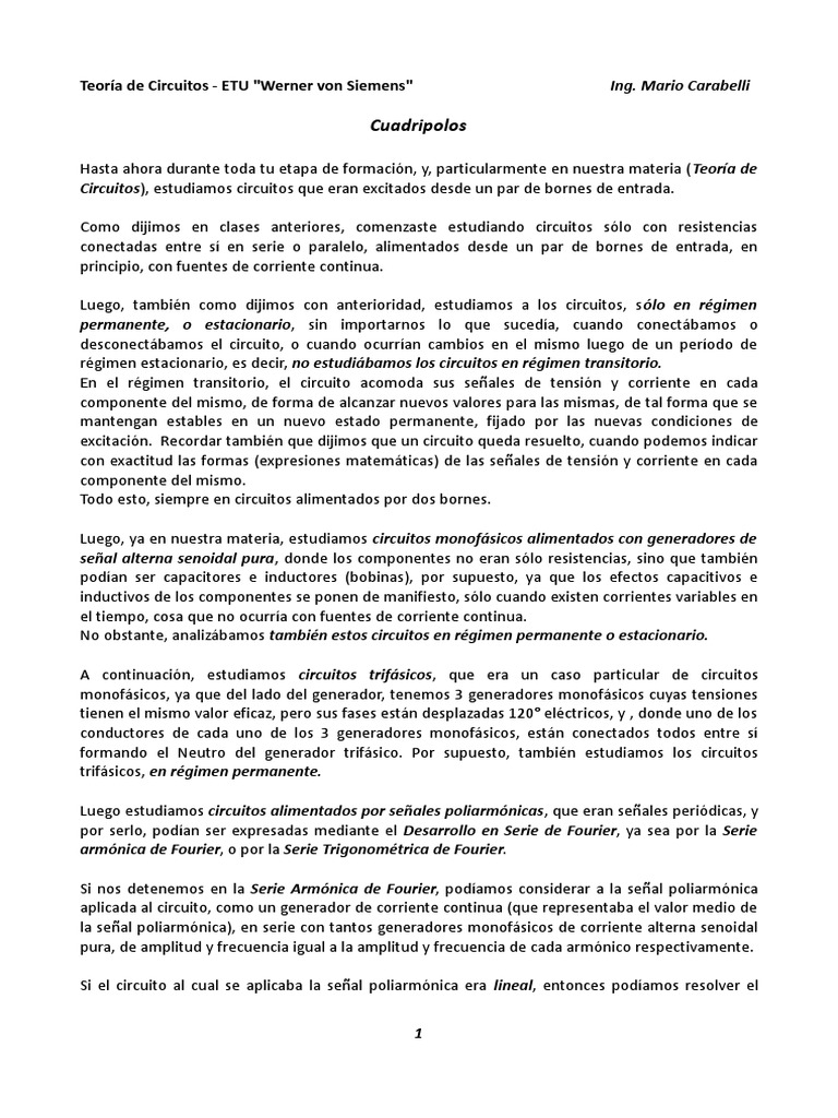 Teoría de Circuitos ETU Teórica Nro. 4 Cuadripolos PDF | PDF ...
