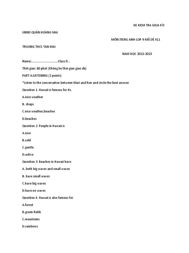 Đề thi Giữa HK1 - THCS Tân Mai | PDF | Foreign Language Studies