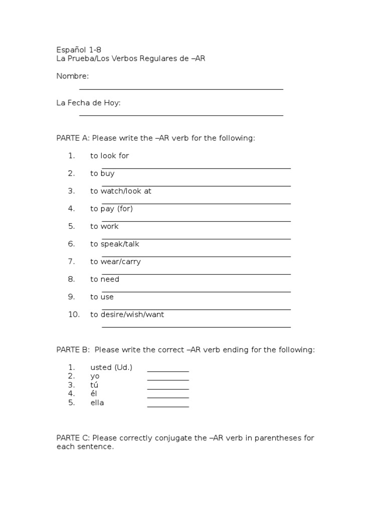 AR Verbs Quiz | PDF | Mecánica del lenguaje | Ciencia cognitiva