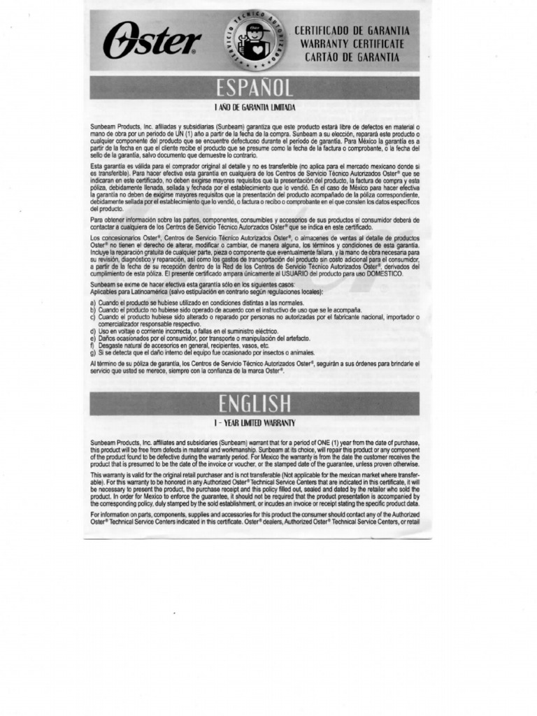 Certificado de Garantía Oster PDF | PDF | Technology & Engineering