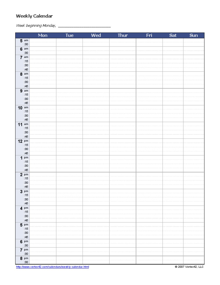 Printable Weekly Calendar Monday First | PDF