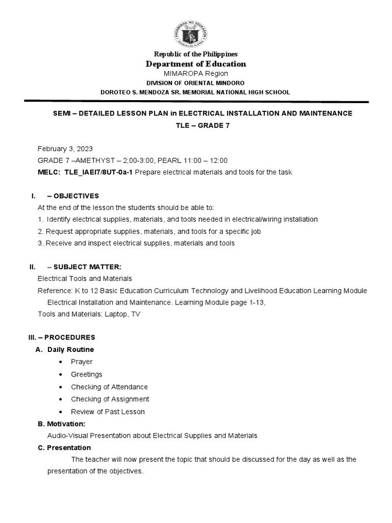 Grade 7 Electrical Installation Lesson Plan | PDF | Teachers | Learning