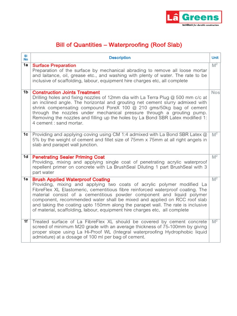 BOQ - Waterproofing (Roof Slab) PDF | PDF