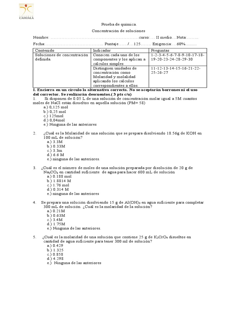 Hoja De Trabajo De Molaridad Con Respuestas Guia Molaridad Molalidad