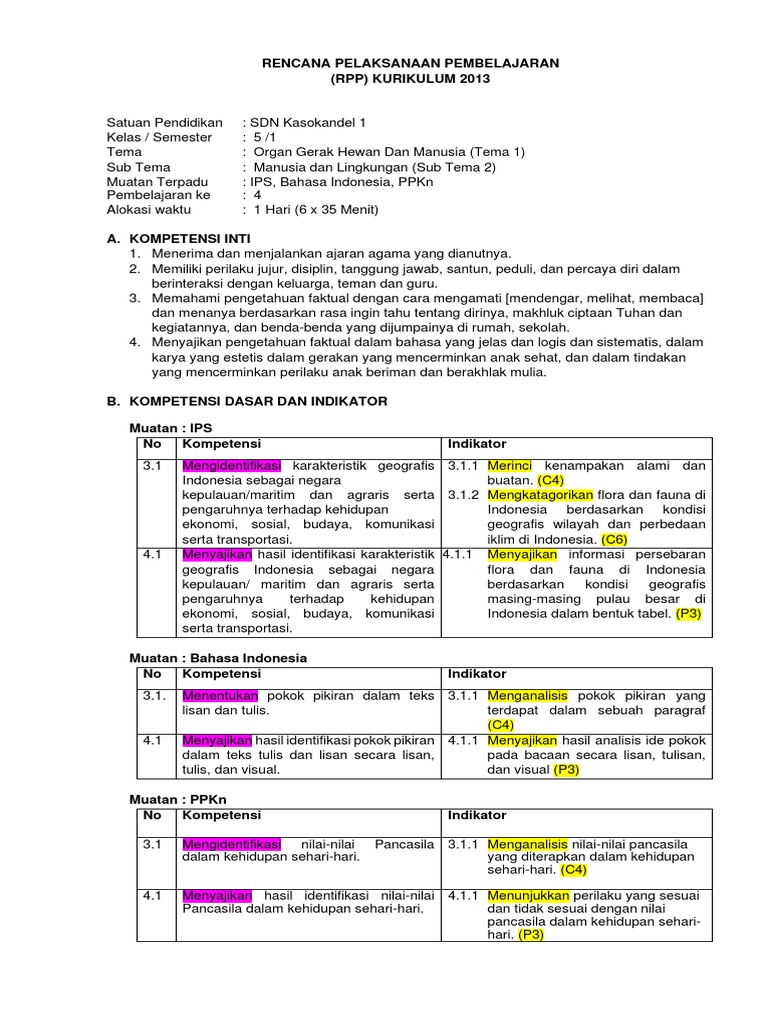 RPP Kelas 5 Tema 1 Subtema 1 Pembelajaran 2 | PDF