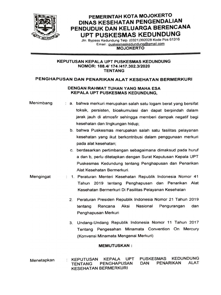 SK Penghapusan Dan Penarikan Alkes Merkuri PKM Kedundung | PDF