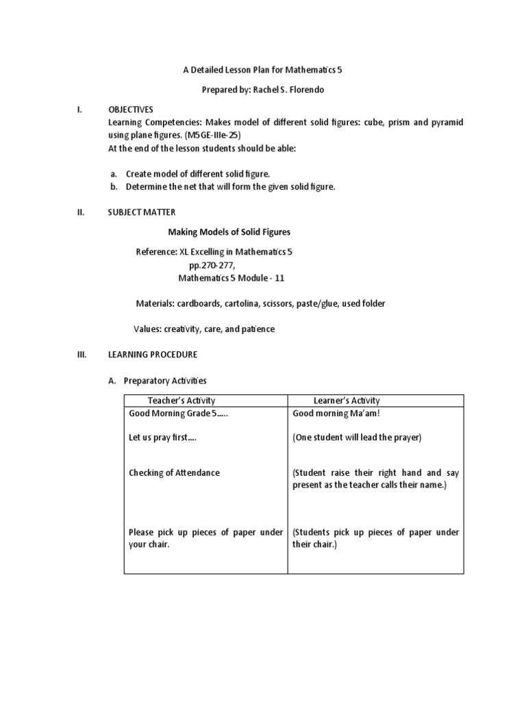 Solid Figures Model Lesson Plan for Grade 5 | PDF | Teachers | Learning