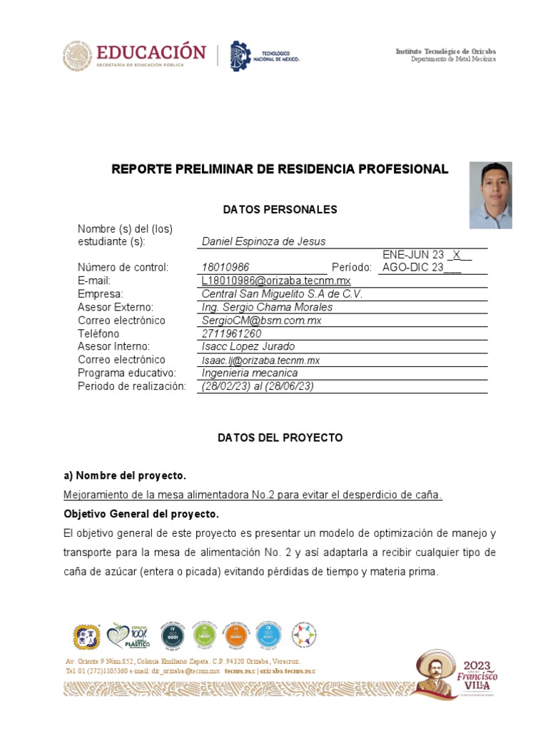 FORMATO REPORTE PRELIMINAR RESIDENCIA PROF_2023 (2) | PDF | México | Diseño