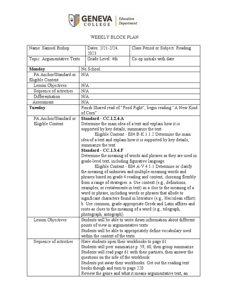 Weekly Reading Plan: A New Kind of Corn | PDF | Reading Comprehension ...