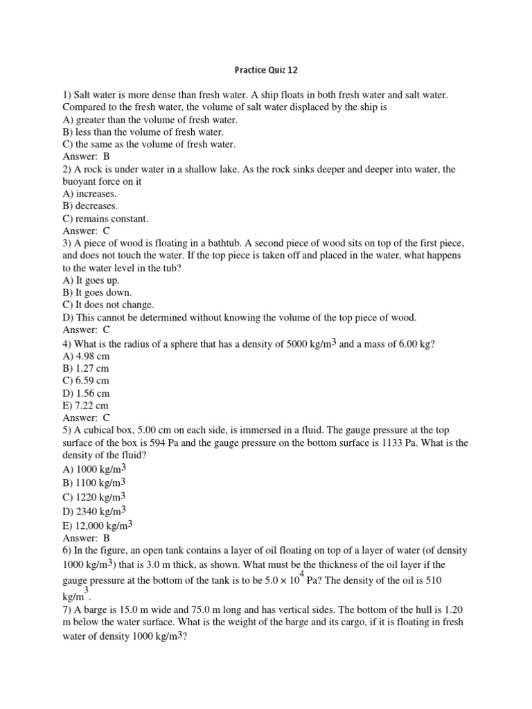 Practice Quiz 12 | PDF | Buoyancy | Density