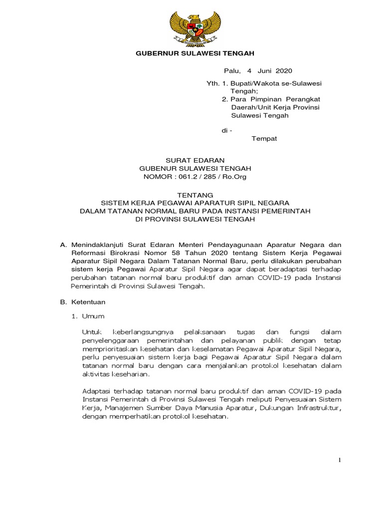 SURAT EDARAN Gubernur Tentang ASN Dalam Tatanan Normal | PDF | Pengelolaan Keuangan & Uang
