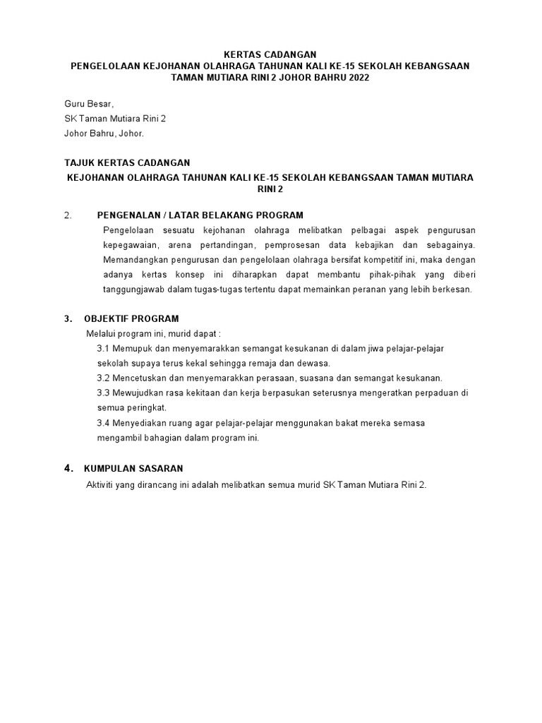 Rancangan Pelaksanaan Kejohanan Olahraga Tahunan Kali Ke-15 di Sekolah ...