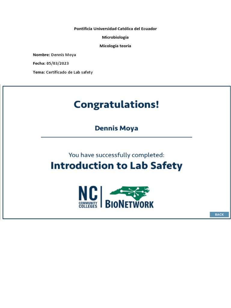 Certificado Lab Safety - Dennis Moya 4 Semestre | PDF