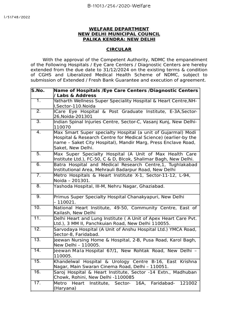 NDMC Hospital Empanelment Extension | PDF | Delhi | Medicine