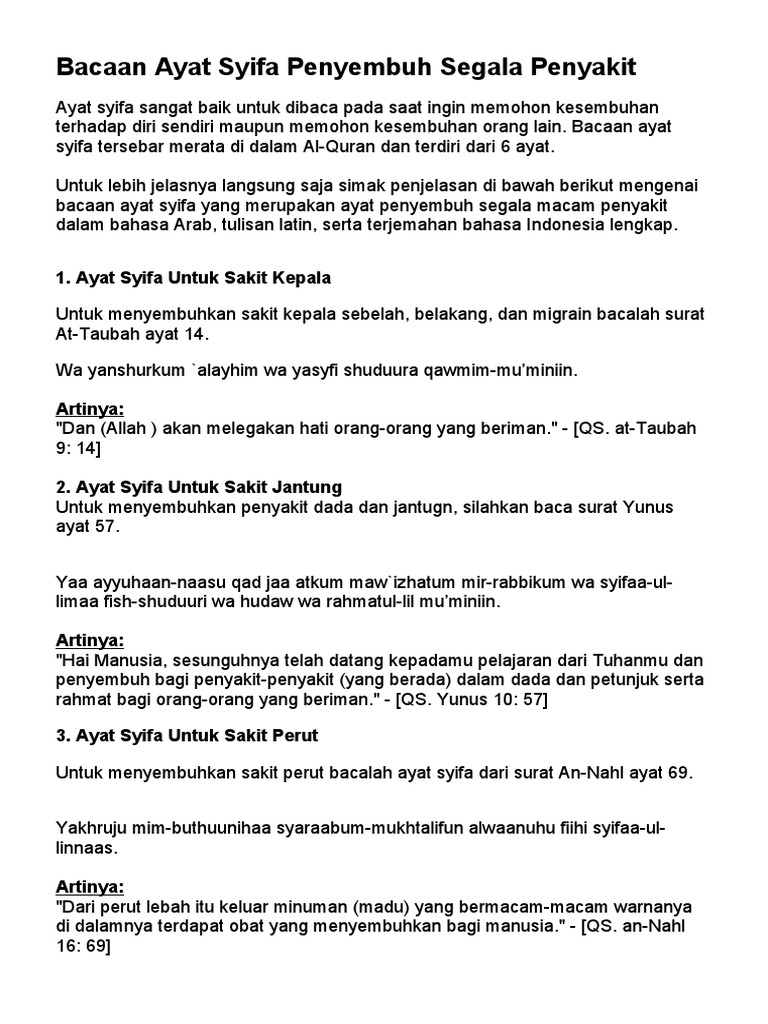 Bacaan Ayat Syifa Penyembuh Segala Penyakit | PDF
