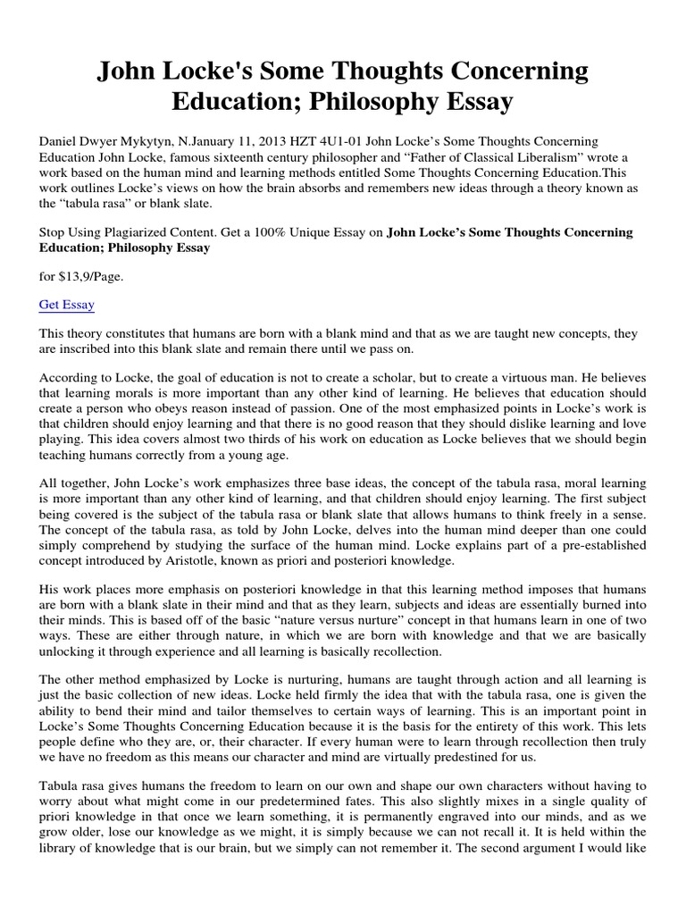 John Lockes Some Thoughts Concerning Education Philosophy Essay | PDF