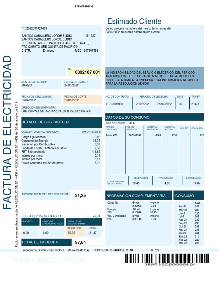 Estimado Cliente: Detalle de Sus Factura Datos de Su Consumo | PDF | Cantidad | Electromagnetismo
