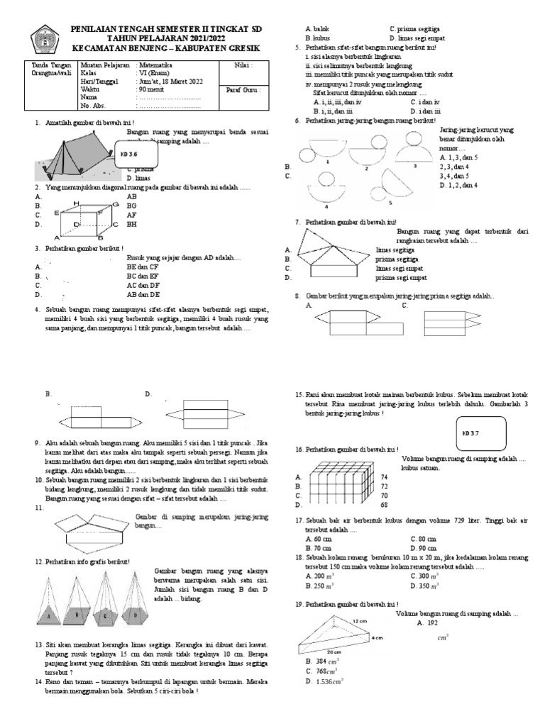 SOAL PTS MATEMATIKA SMT 2 KELAS 6 OKE | PDF