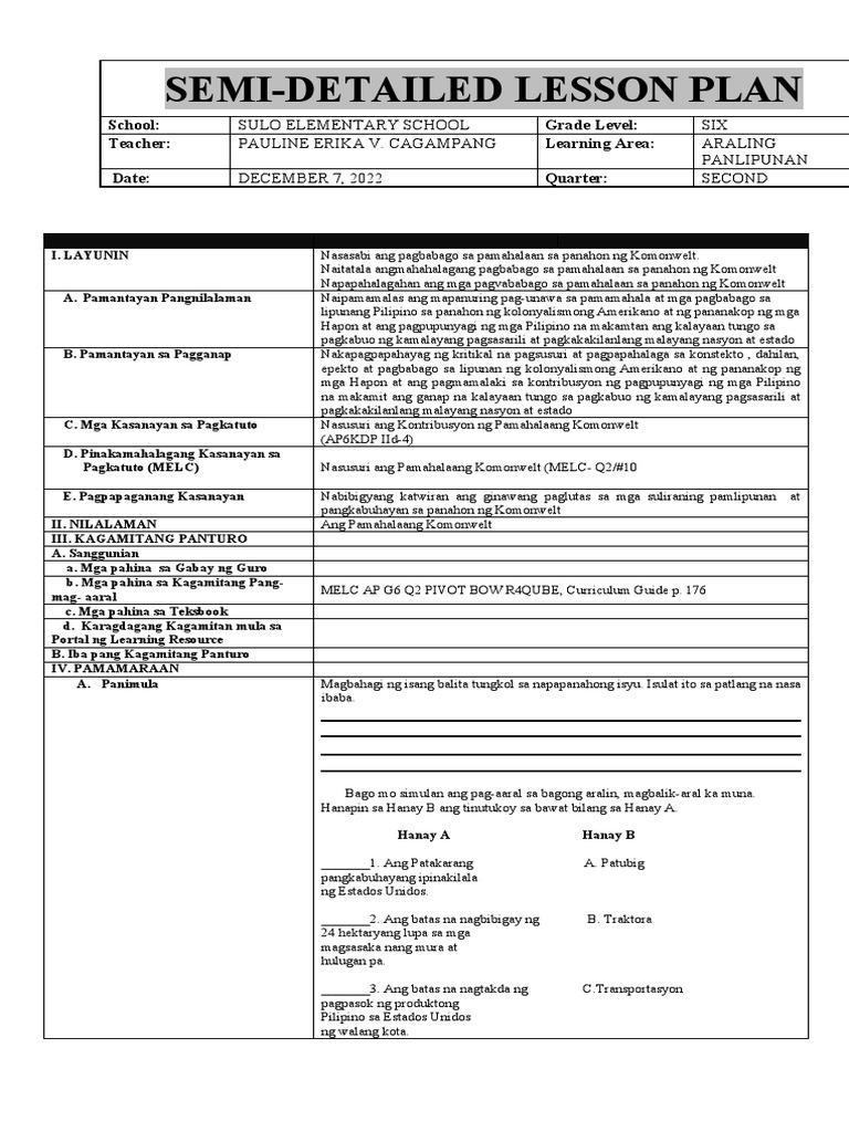 Semi-Detailed Lesson Plan: School: Grade Level: Teacher: Learning Area ...