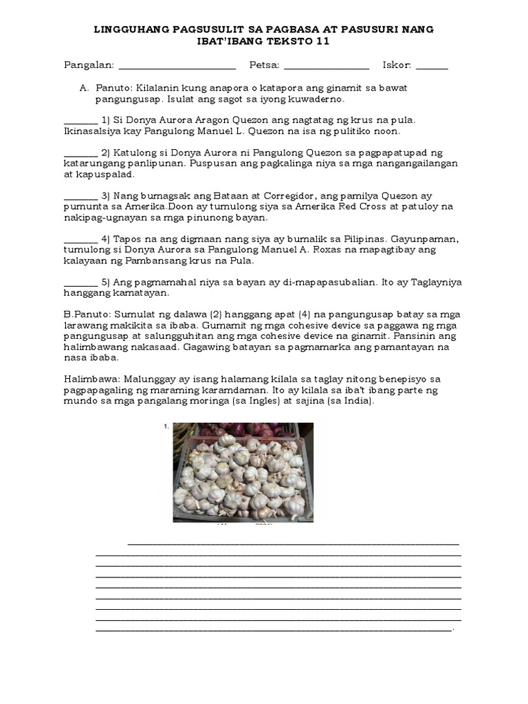 Lingguhang Pagsusulit Sa Pagbasa at Pasusuri Nang | PDF