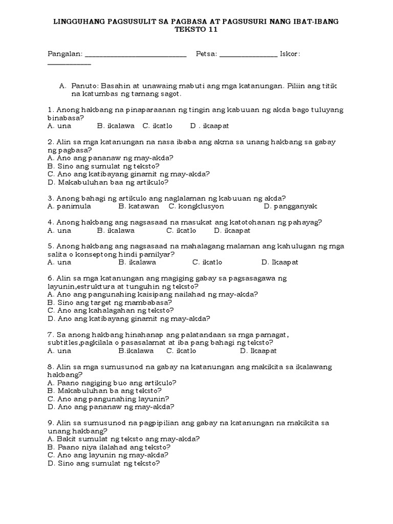 Lingguhang Pagsusulit Sa Pagbasa at Pagsusuri Nang Ibat | PDF