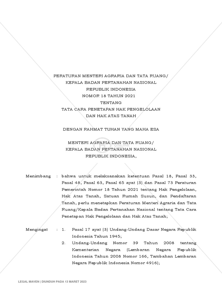 Permen Agraria Dan Tata Ruang Atau Kepala BPN No 18 THN 2021 TTG Tata ...