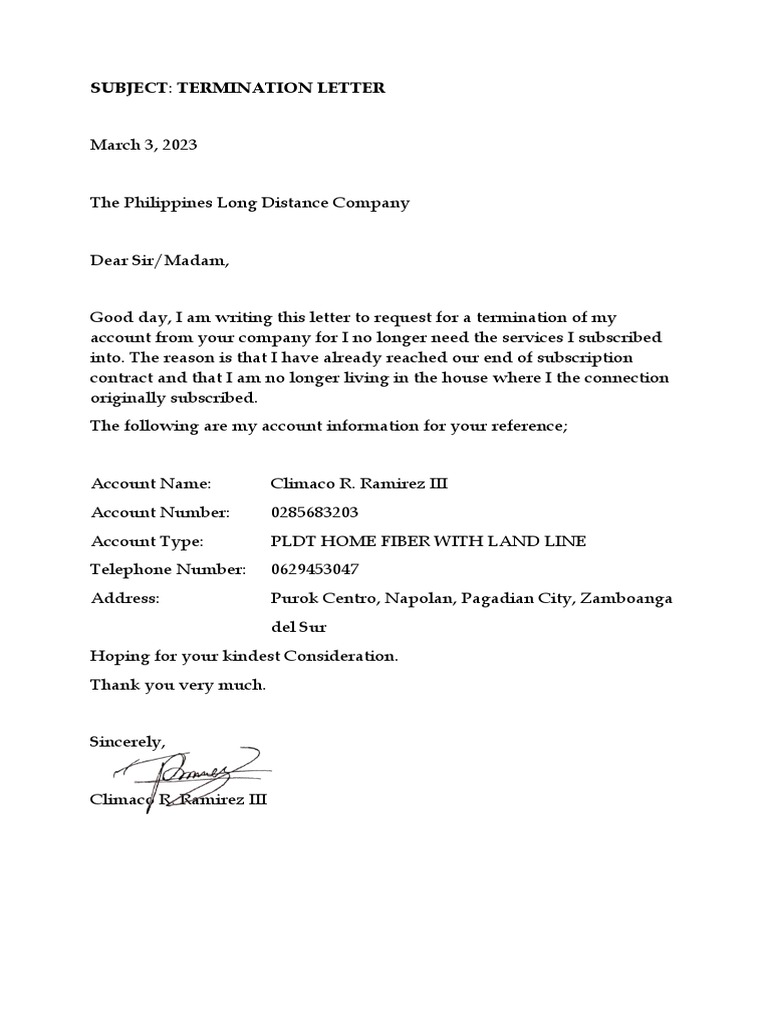 Termination Letter For PLDT | PDF | Law