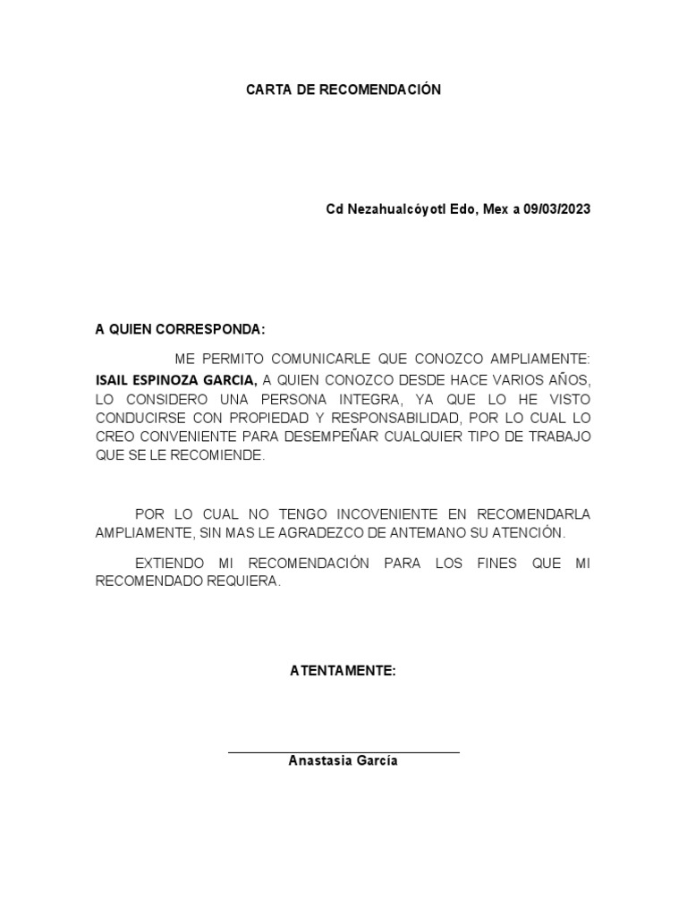 Carta de Recomendación | PDF
