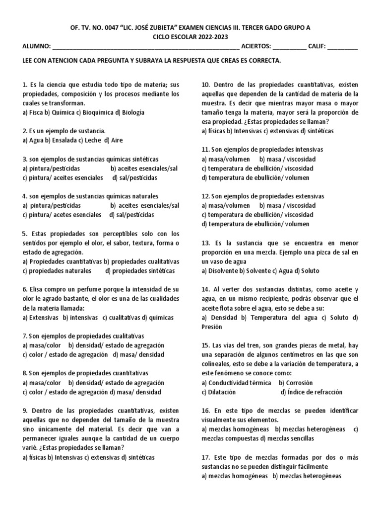 Examen Ciencias Tercer Grado Trim I | PDF | Mezcla | Agua