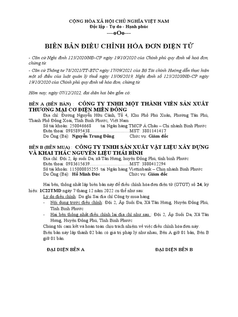 Mau Bien Ban Dieu Chinh Hoa Don | PDF