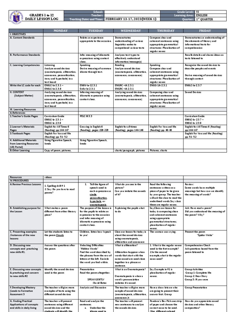 DLL - English 6 - Q1 - W1 | PDF | Reading Comprehension | Poetry DLL - English 6 - Q1 - W1 | PDF | Reading Comprehension | Poetry