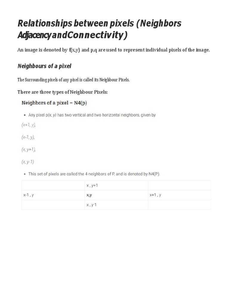 Relationships Between Pixels (Neighbours Adjacency and Connectivity) | PDF