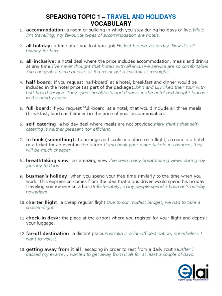 Travel and Holidays Vocabulary | PDF | Tourism | Hotel