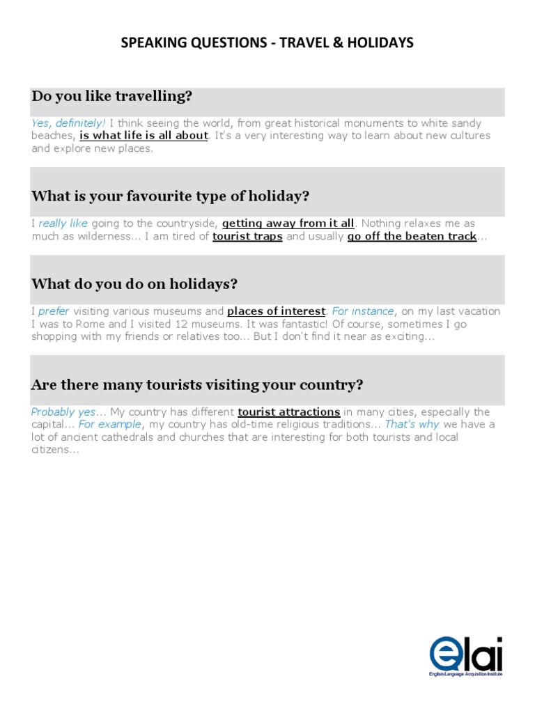 Speaking Questions | PDF | Tourism | Vacation