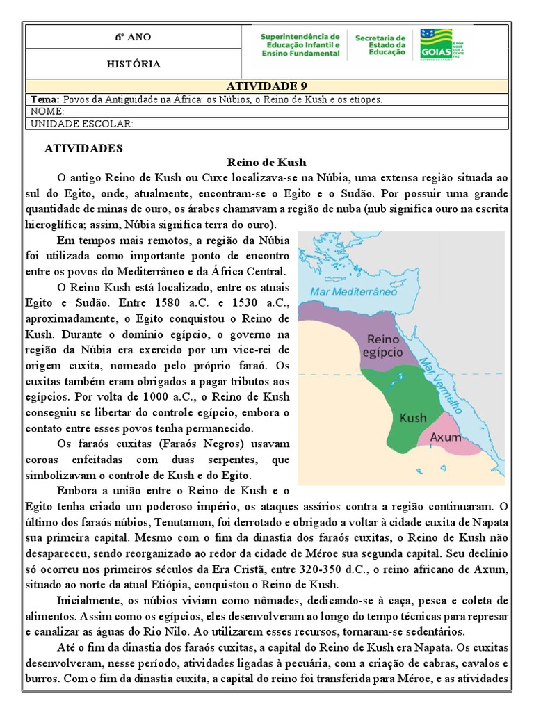 Atividade 9 6o Ano HIS Povos Da Antiguidde Na Africa Os Nubios o Reino ...