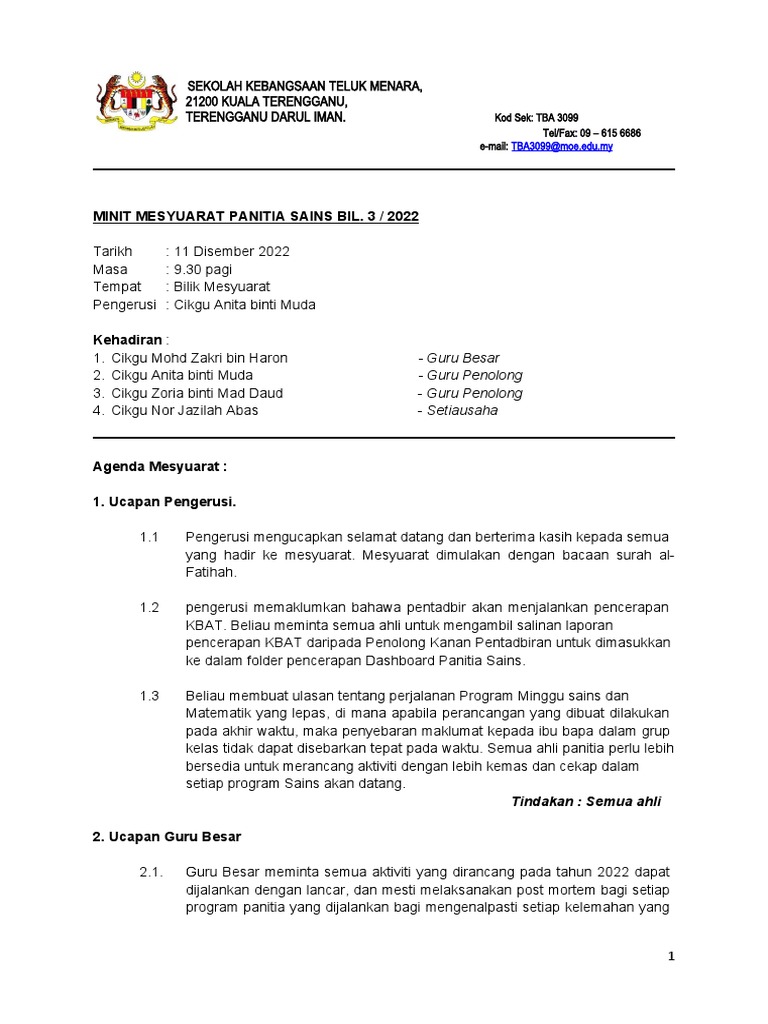 Minit Mesyuarat Sains Kali Ke 2 2021 | PDF
