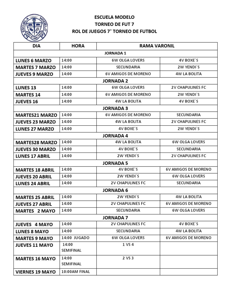 Escuela Modelo Rol de Juegos Futbol PDF | PDF