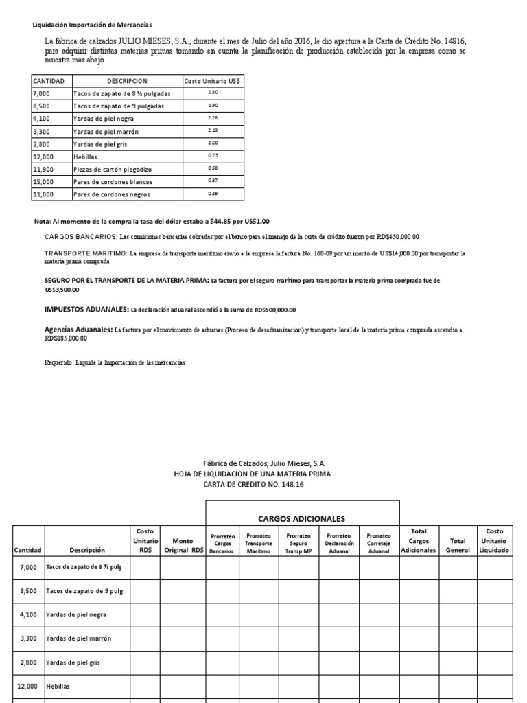 Ejercicio Liquidacion Materias Primas Importacion | PDF | Servicios financieros | Economias