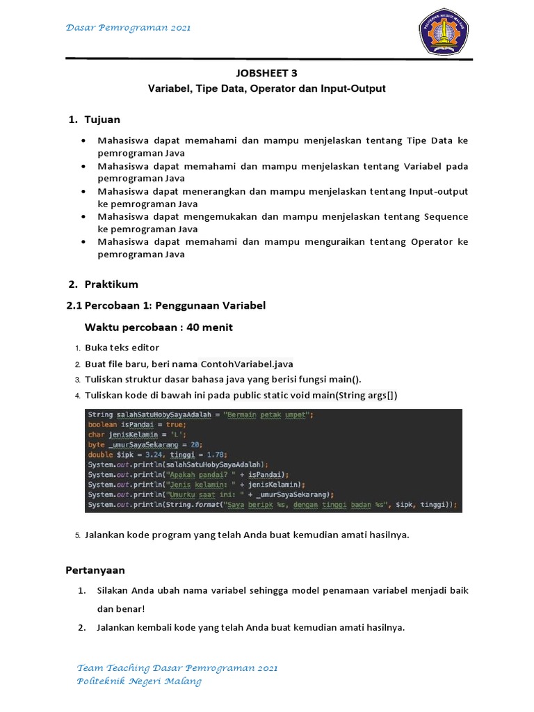 Dasar Pemrograman Java: Variabel & Tipe Data | PDF