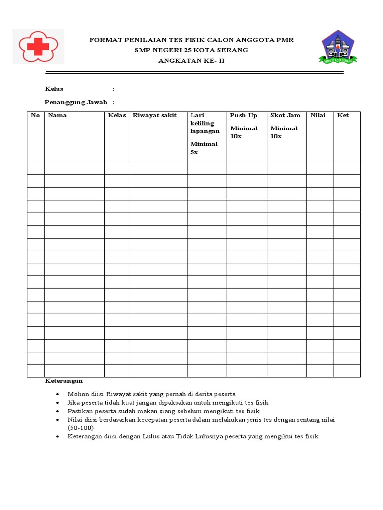 Format Penilaian Tes Fisik Calon Anggota PMR | PDF