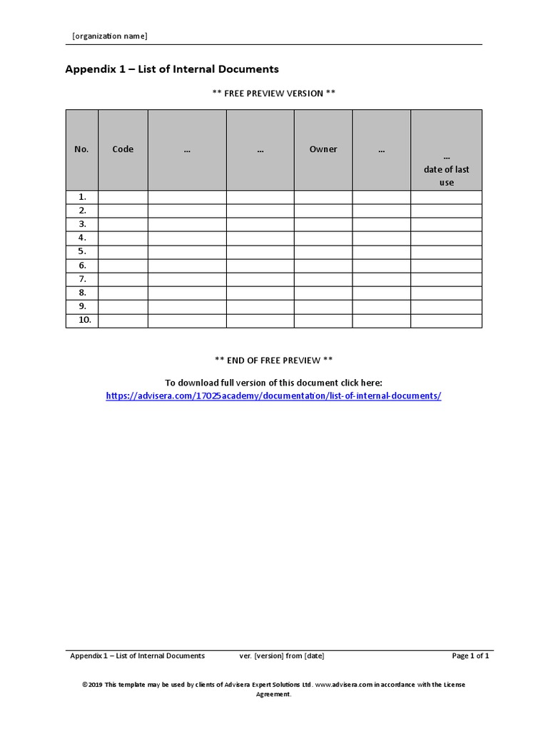 00.1 Appendix 1 List of Internal Documents Preview EN | PDF