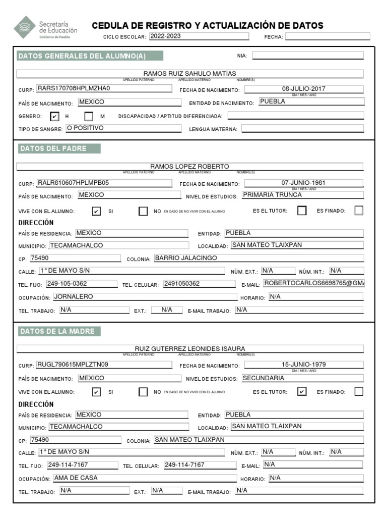 Cedula de Registro Y Actualización de Datos: Datos Generales Del Alumno ...